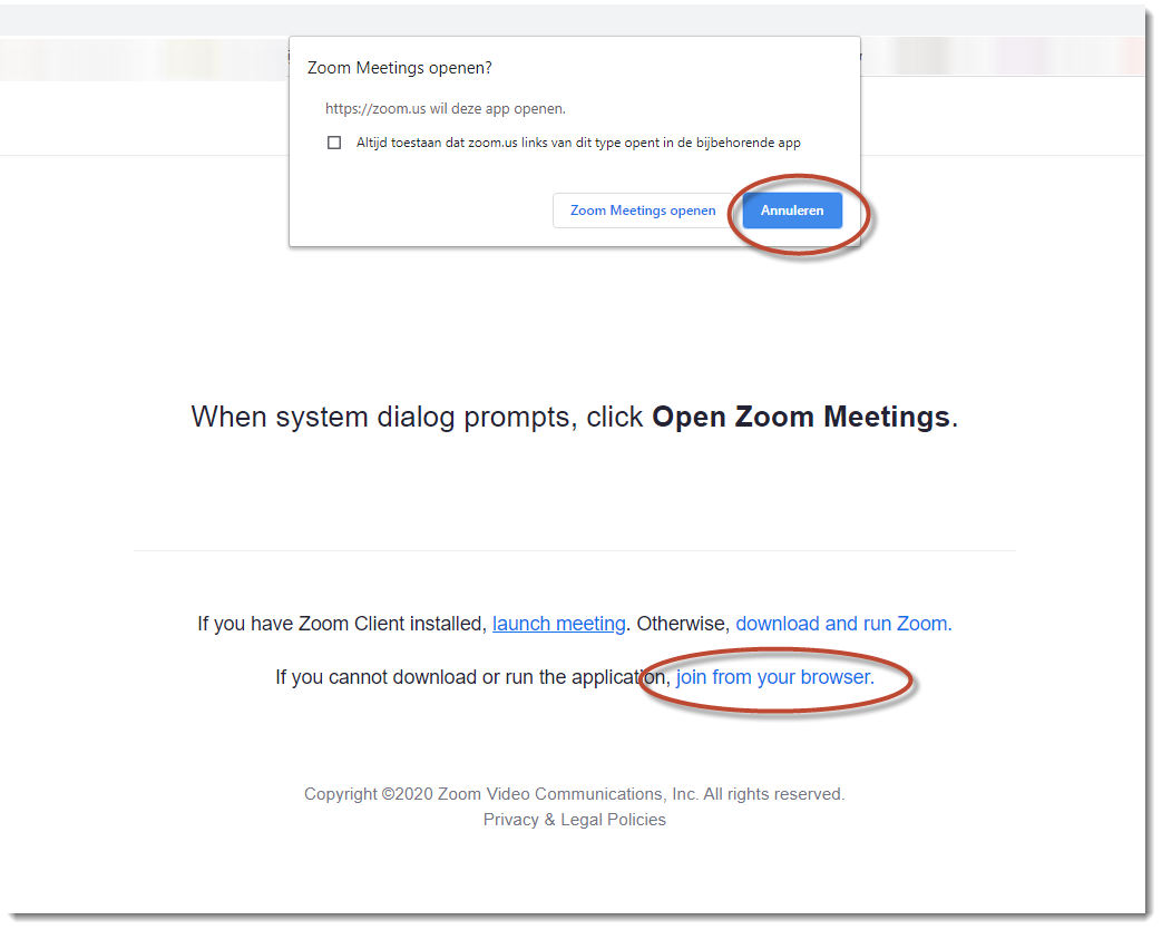 Zoom gebruiken zonder installatie via een browser